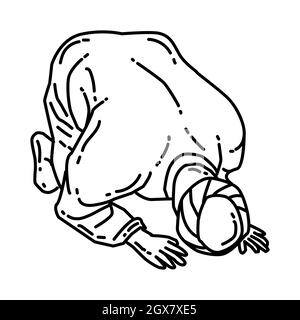 A Muslim man in prostration prayer position on prayer mat at night with ...