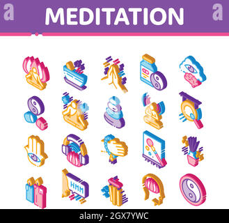 Concentration icons set isometric vector. Yoga meditate. Mind relax ...