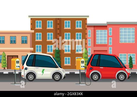 Electric car charging, Cartoon modern red car isolated on white ...