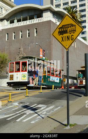 Cable Car Crossing Road Sign on Powell Street at California Street in ...