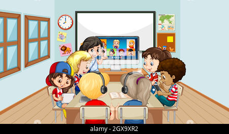 Teacher and children in computer classroom in school or college. Vector ...