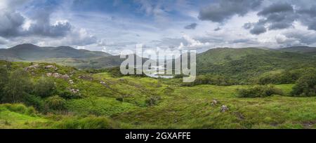 Large panorama with Irish iconic viewpoint, Ladies View, Killarney ...