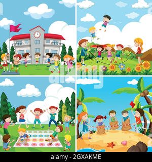 Set of children playing at playground scenes illustration Stock Vector ...