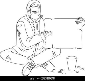 Beggar Sitting On Floor And Holding Carton Black Line Pencil Drawing ...