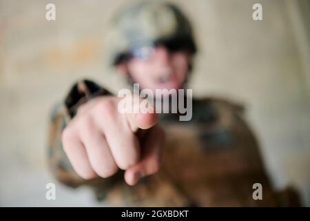 Army military soldier screaming, pointing attack direction Stock Photo ...