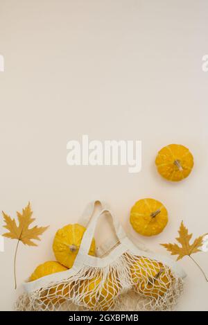 Autumn composition with assorted pumpkins in eco string bag ...
