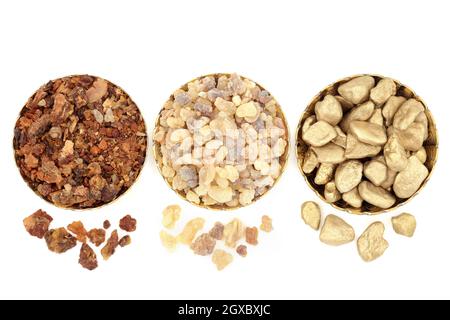 Gold frankincense and myrrh in bowls. Symbolic gifts in the Christian ...