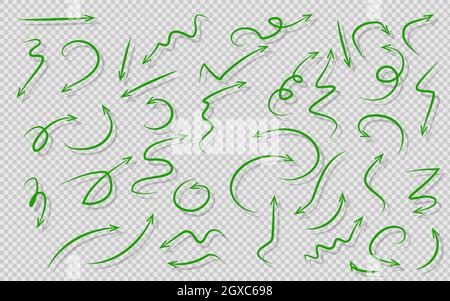 Green hand drawn arrows isolated on white background. Doodle arrow ...