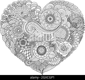I Love You doodle heart coloring page. Black and white Valentines Day ...