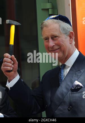 Prince Charles, Prince of Wales, wearing a Jewish yarmulka, opens the ...