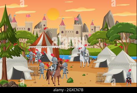 Military medieval camp with tents and castle illustration Stock Vector ...