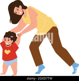 Baby Toddler Taking First Steps With Mother Vector Stock Vector Image ...