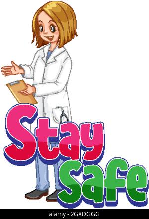 Stay Safe logo with a doctor woman cartoon character isolated ...