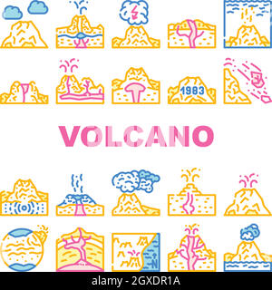 Volcano eruption lava earthquake logo icons set. Simple illustration of ...