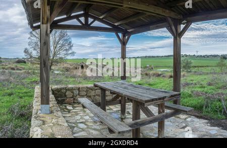 Medieval bridge of Santiago de Bencaliz near the village of Aldea del ...