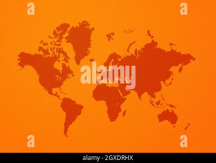 Orange detailed world map with Earth globes Stock Photo - Alamy