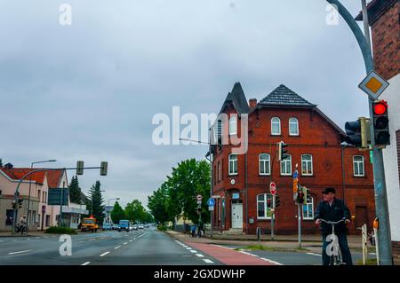 City center of Minden small german city. Old town with shops and ...