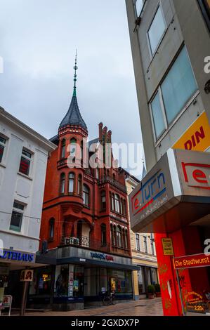 City center of Minden small german city. Old town with shops and ...