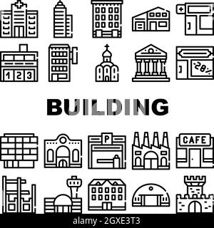 Building architecture linear icons set. Skyscraper, Blueprint, Facade, Columns, Foundations ...