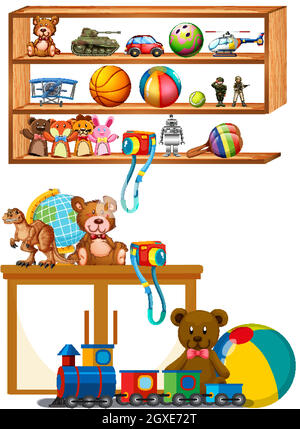 Toys on shelves. Cartoon wooden store shelf with kids toys baby doll ...