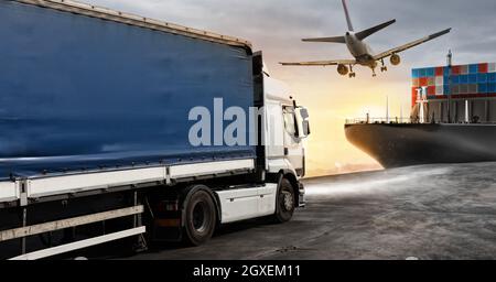 Truck, aircraft and cargo ship ready to start to deliver packages Stock ...