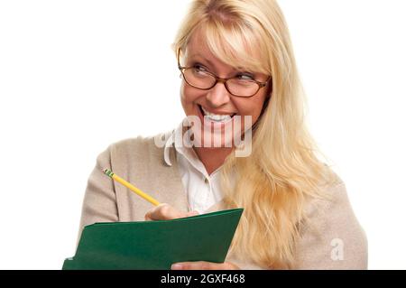 Beautiful Woman with Pencil and Folder taking notes Stock Photo - Alamy
