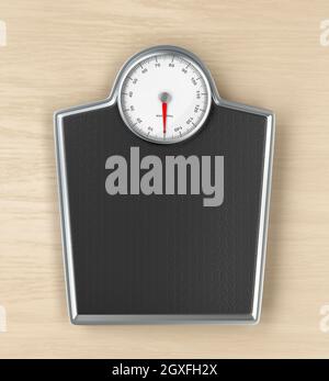 Mechanical weighing scale on wooden floor, top view Stock Photo - Alamy