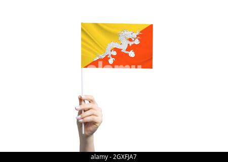 Beautiful female hand holding Butane flag, isolated on white background ...