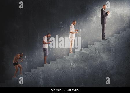 Evolution from hunched man to successful man in a staircase Stock Photo ...