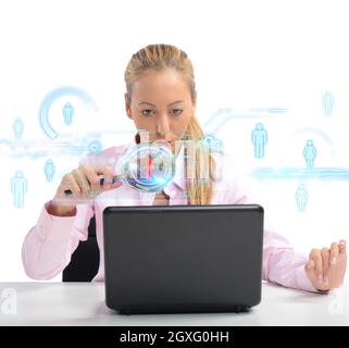 Woman looking carefully on social networks people Stock Photo - Alamy