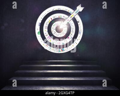 Stairs up to a target with the arrow etched in the wall. Arrive at a ...