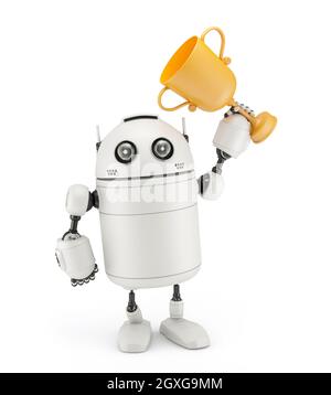 Robot with a trophy. Isolated on white background Stock Photo - Alamy