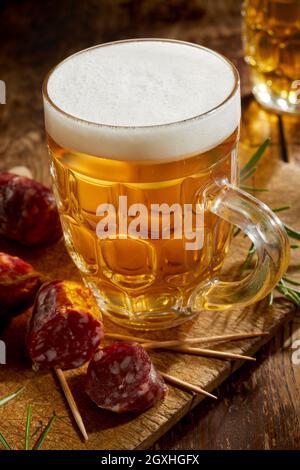 High angle beer mug snacks Stock Photo - Alamy