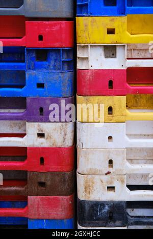 Pile or Stack of Red and Blue Coloured Wooden Pallets, Timber Pallets ...