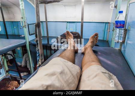 DELHI, INDIA - OCTOBER 24, 2016: Interior of Sleeper Class train India ...