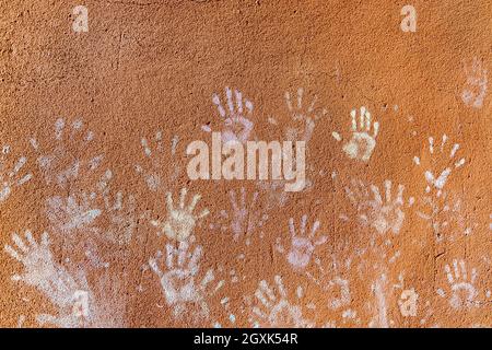 Children's play with chalk, dust color from palms, as handprints on ...