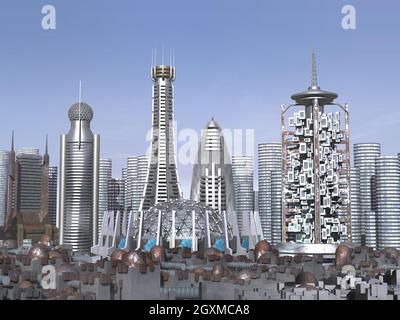 Futuristic mega city skyline architecture with metallic arched ...
