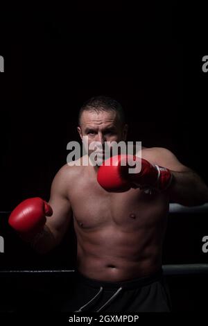 professional kickboxer with hands in martial arts position training for ...