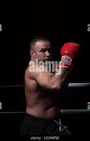 professional kickboxer with hands in martial arts position training for ...