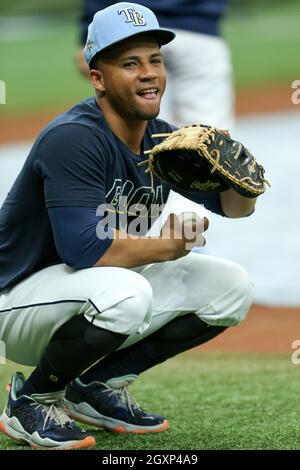 Tampa Bay Rays catcher Francisco Mejia, left, shakes hands with relief ...