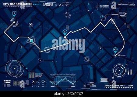 HUD navigation or city map navigation screen interface with compass, graphs and map points ...