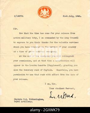 A demob letter from the War Office in 1946 to a Captain Fotheringham on ...