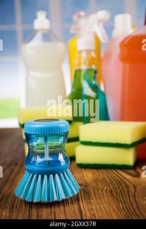Variety of cleaning products, equipment background Stock Photo - Alamy
