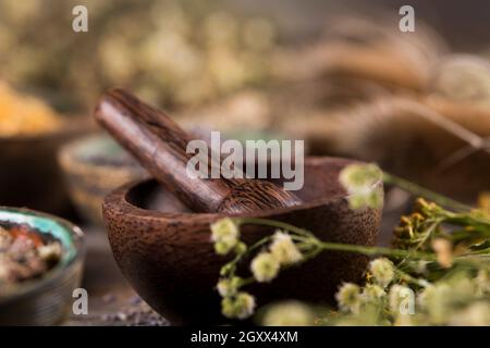 Natural remedy, healing herbs background Stock Photo - Alamy