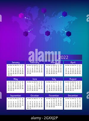 Calendar 2022 with world map. Week starts on Sunday Stock Vector Image ...