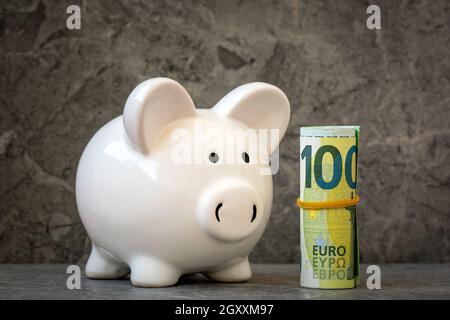 Piggy bank stands close to the hundred Euros roll Stock Photo - Alamy