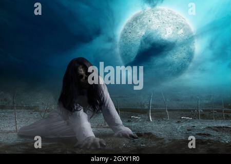 Scary ghost woman crawling with night scene background. Halloween ...
