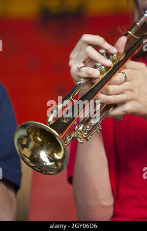 Orchestra with wind instruments. Trumpeters in ceremonial uniforms. Red ...
