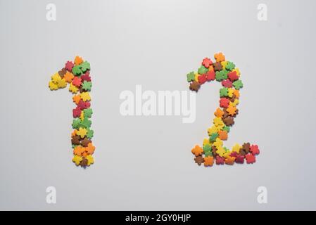 Numeral 9 from sweet pastry topping in the form of colorful foliage on ...
