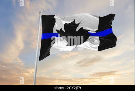 Thin Blue Line, Canada flag waving at cloudy sky background on sunset ...